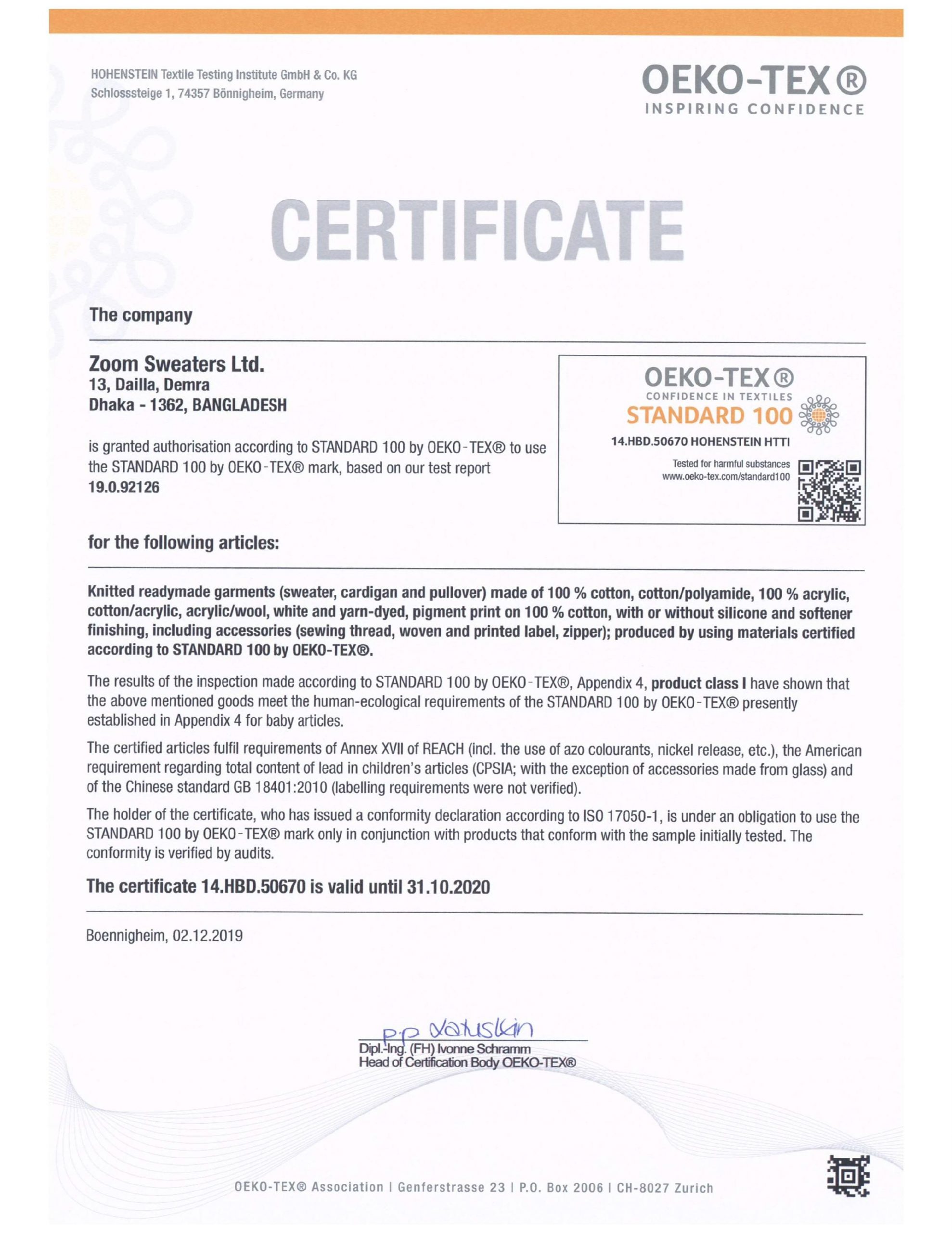 OEKO-TEX Certificate | Zoom Groop of Industries